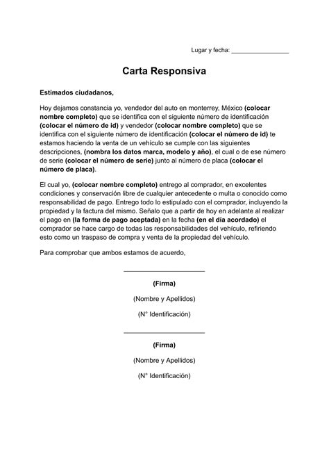 ᐅ Carta Responsiva para Venta de Auto en Monterrey 2023