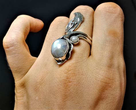 925 Sterling Silver FLower Genuine Moonstone Gemstone Unique Adjustable