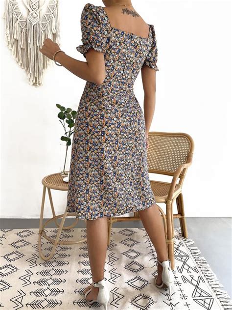 SHEIN VCAY Puff Sleeve Ruched Bust Ditsy Floral Dress SHEIN USA