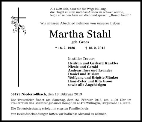 Traueranzeigen Von Martha Stahl Rz Trauer De