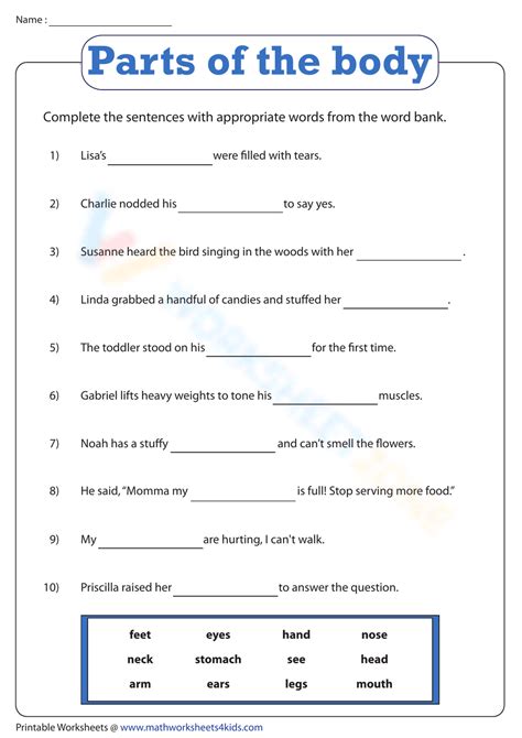 Parts Of The Body Fill In The Blanks Worksheet