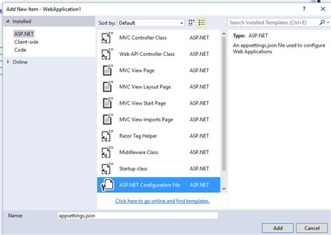 how to add asp core web configuration file dot net for all