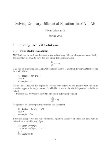 solving differential equations with matlab pdf ordinary differential equation numerical