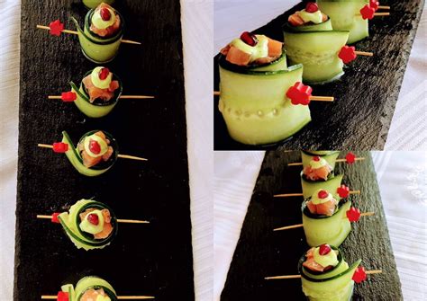 Rollitos de pepino rellenos de atún y tartar de salmón coronados de