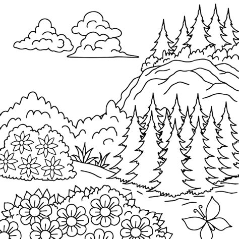 Diseño vector página para colorear paisaje naturaleza Vector Premium