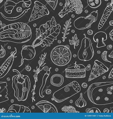 Healthy Food Seamless Pattern Vegetables Fruits Fish Meat Products