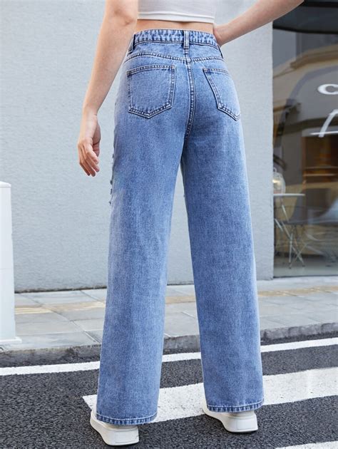 SHEIN Teen Girls Butterfly Print Ripped Straight Leg Jeans SHEIN USA