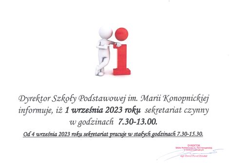 Godziny pracy sekretariatu Szkoła Podstawowa im M Konopnickiej w