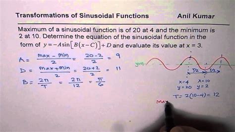 write equation of transforme sine wave from max and min value youtube
