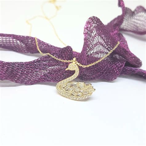14K Real Solid Gold Swan Pendant Necklace For Women Baguette Etsy