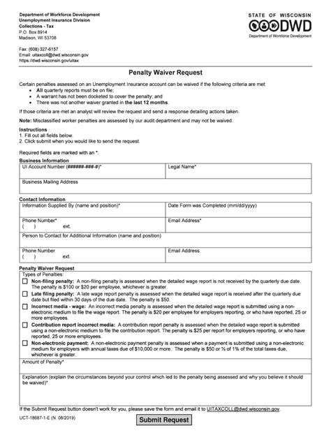 Fillable Online Dwd Wisconsin UCT 18687 1 E Penalty Waiver Request
