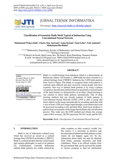 pdf classification of geometric batik motif typical of indonesian using convolutional neural