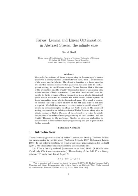 pdf farkas lemma and linear optimization in abstract spaces the infinite case david bartl