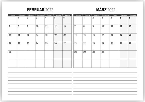 Kalender Februar März 2022 kalender su
