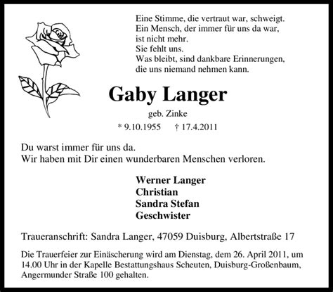 Traueranzeigen Von Gaby Langer Trauer In NRW De