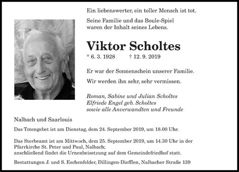 Traueranzeigen Von Viktor Scholtes Saarbruecker Zeitung Trauer De
