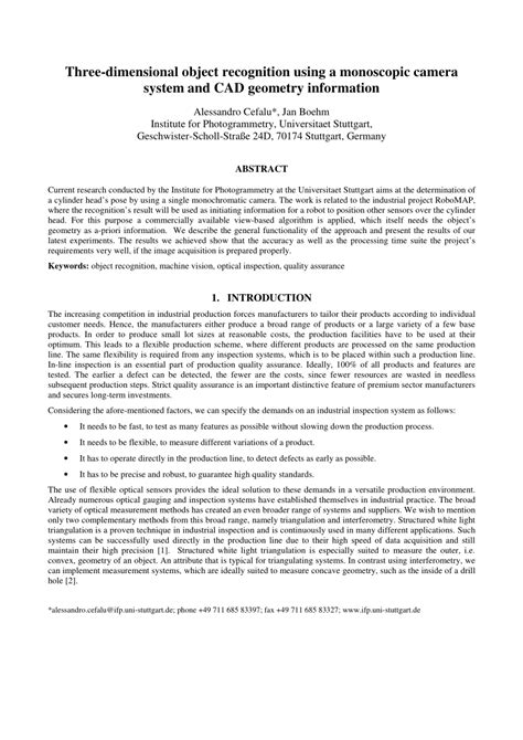pdf three dimensional object recognition using a monoscopic camera system and cad geometry