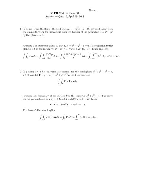 solution for quiz 10 questions multivariable calculus mth 234 docsity