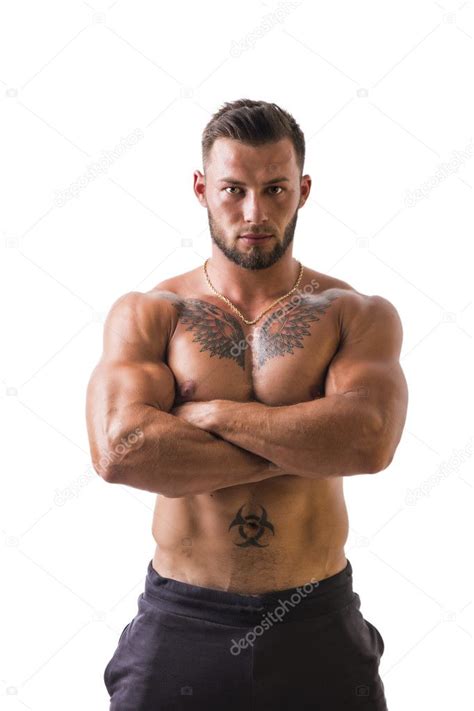 Handsome Topless Muscular Man Standing Isolated Stock Photo