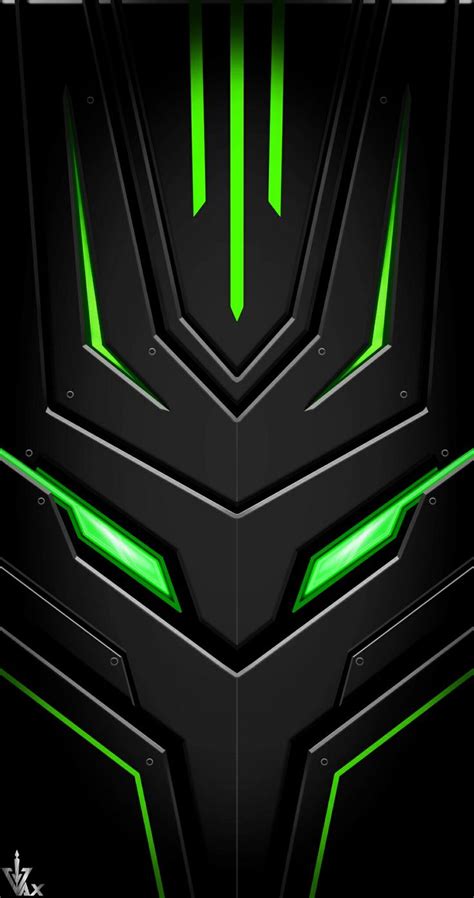 The Front View Of A Black And Green Computer Case With Neon Eyes On It