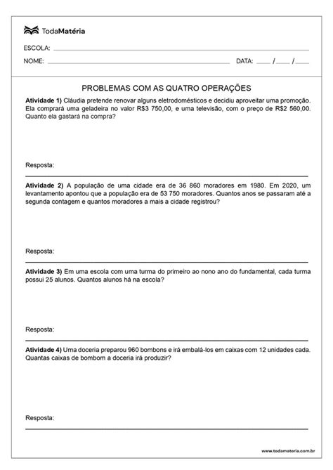 Folhas de atividades problemas das quatro operações Toda Matéria