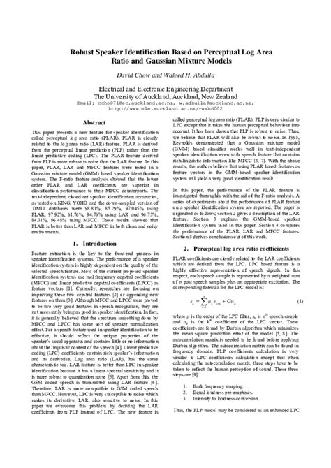 pdf robust speaker identification based on perceptual log area ratio and gaussian mixture
