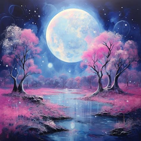 Premium Ai Image Painting Of A Pink Landscape With A Full Moon And