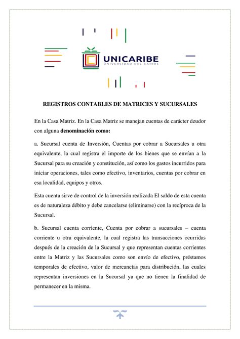 Registros Contables DE Matrices Y Sucursales REGISTROS CONTABLES DE