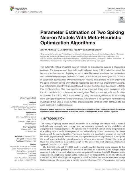 pdf parameter estimation of two spiking neuron models with meta heuristic optimization algorithms