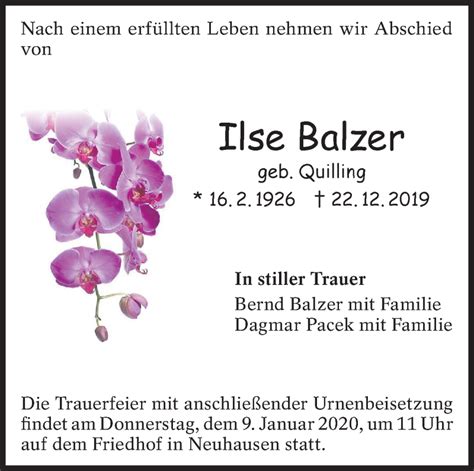 Traueranzeigen Von Ilse Balzer Zeit Des Gedenkens De