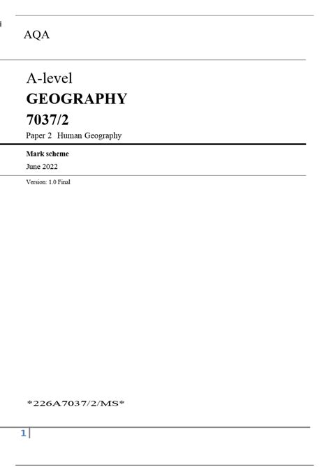 AQA A Level GEOGRAPHY 7037 2 Paper 2 Human Geography And Its Mark