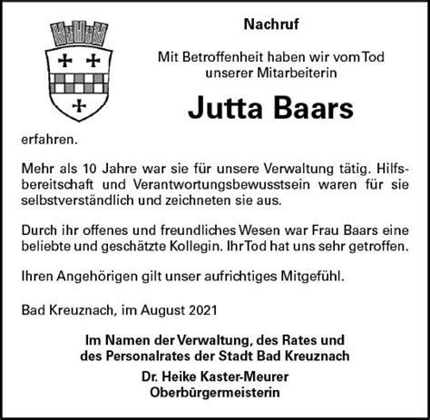 Traueranzeigen Von Jutta Baars Vrm Trauer De