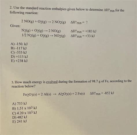 Solved 2 Use The Standard Reaction Enthalpies Given Below Chegg