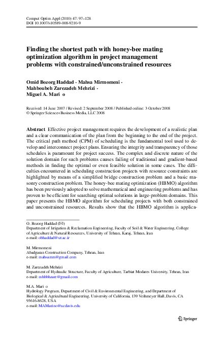pdf finding the shortest path with honey bee mating optimization algorithm in project