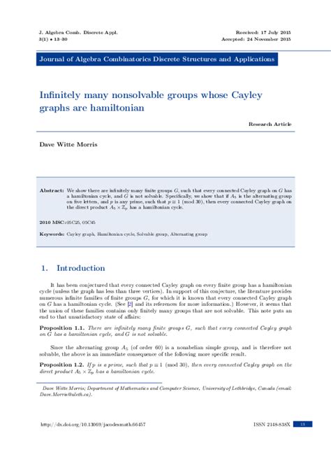 pdf infinitely many nonsolvable groups whose cayley graphs are hamiltonian journal of