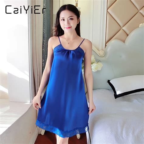 Caiyier Blue Silk Nightgowns 2018 Women New Casual Sexy Black Sleepwear Pink Black Summer