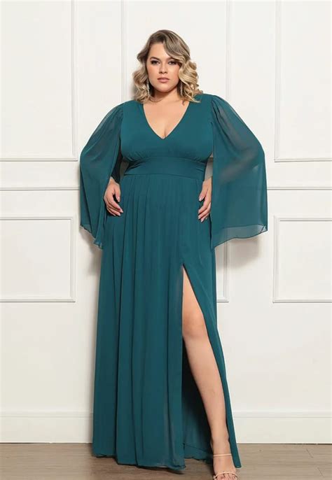 Vestido Longo De Festa Madrinhas Decote Em V Plus Size Curvy Chiffon