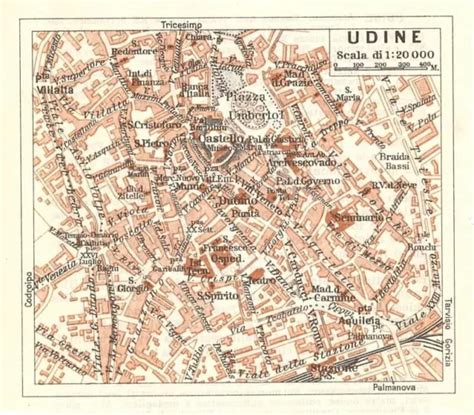 CARTA GEOGRAFICA ANTICA UDINE minuscola pianta della città TCI 1937