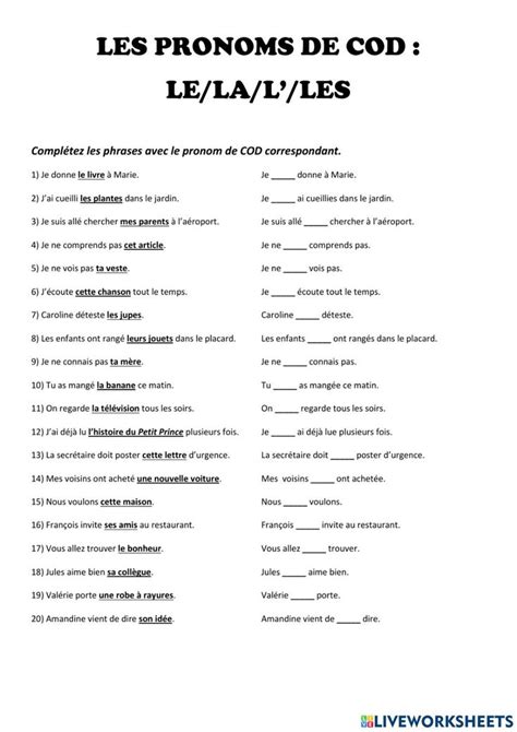 Les Pronoms De Cod Le La L Les Worksheet Pronomes