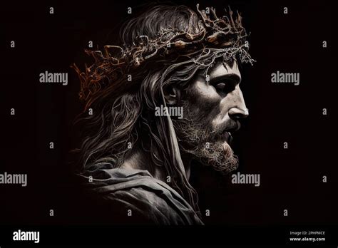 Jesucristo Con La Corona De Espinas De Perfil Sobre Fondo Negro