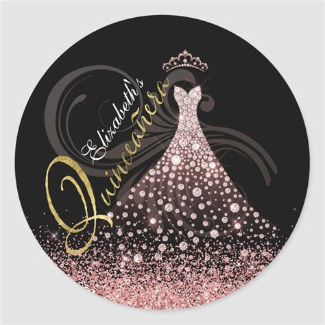 Quinceanera Glam Pink Jewel Gown Personalized Classic Round Sticker