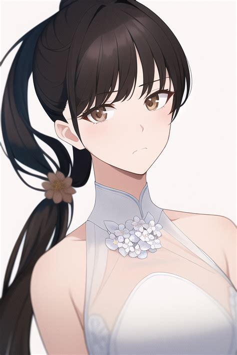 Ponytail Looking At Viewer Anime Girls Black Hair Brown Eyes