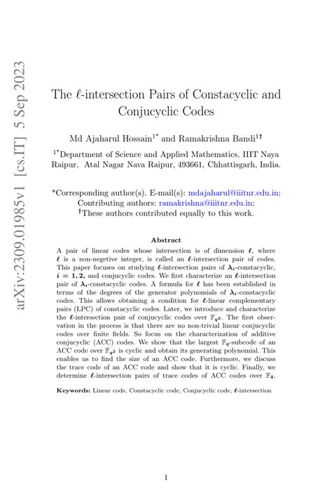 pdf the ell intersection pairs of constacyclic and conjucyclic codes