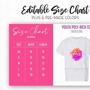 Tultex 265 Editable Size Chart 6 Colored PNG Files Etsy
