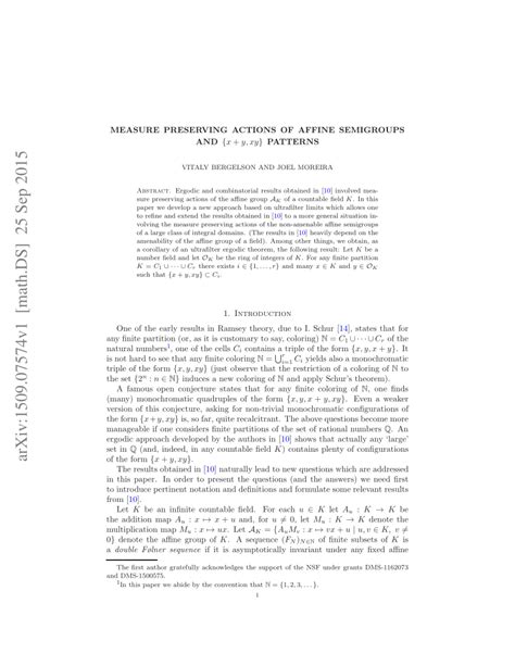 pdf measure preserving actions of affine semigroups and {x y xy} patterns