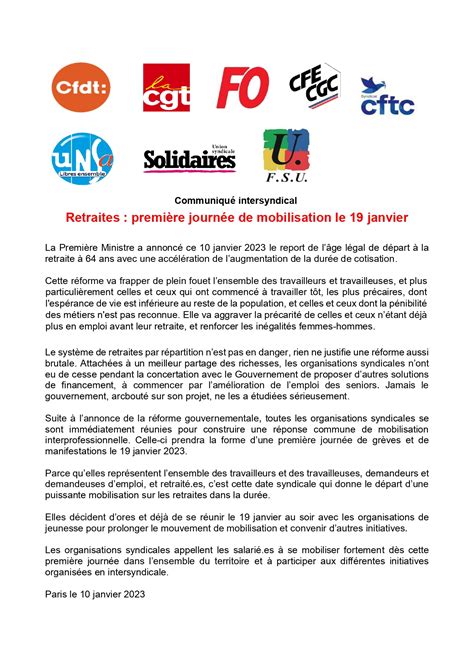 Communiqué de presse Retraites journée de mobilisation le 19 janvier