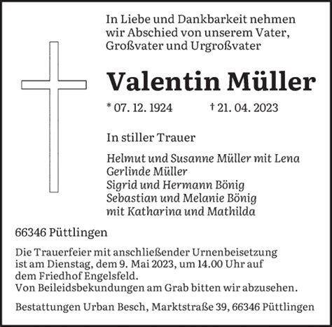 Traueranzeigen von Valentin Müller Saarbruecker Zeitung Trauer de