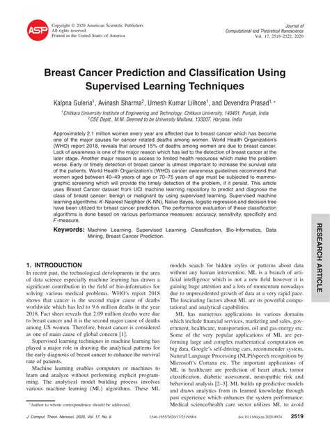 pdf breast cancer prediction and classification using supervised learning techniques