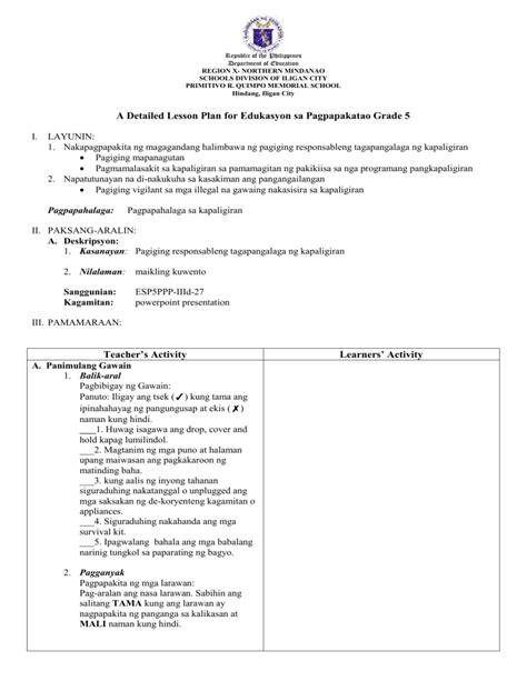 Sample Detailed Lesson Plan In Edukasyon Sa Pagpapakatao Ngedukasyon