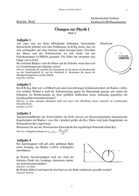 Phys I blatt 4 Physik 1 Übung Übungen zur Physik I Blatt 4 1